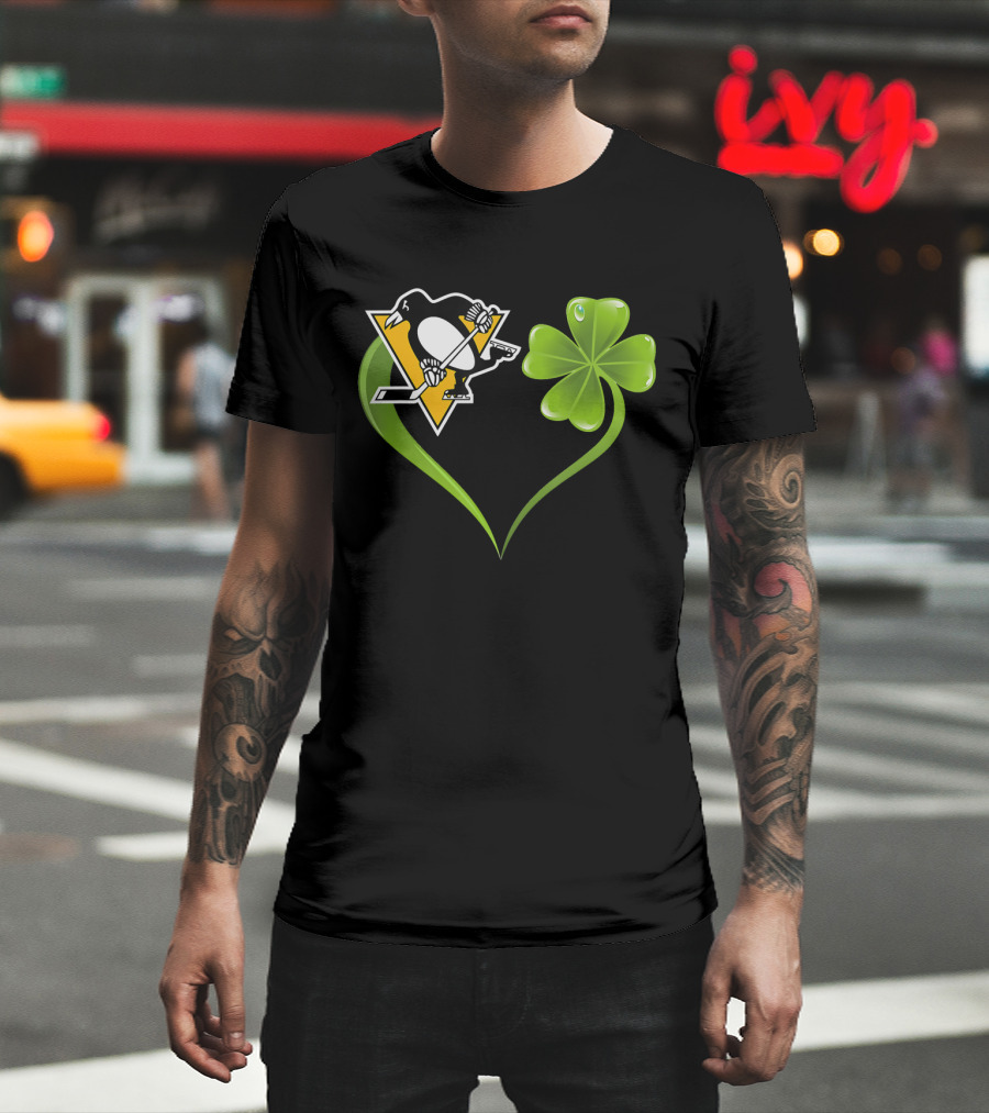 St Patrick Day Irish Shamrock Heart Love Pittsburgh Penguins T-Shirt