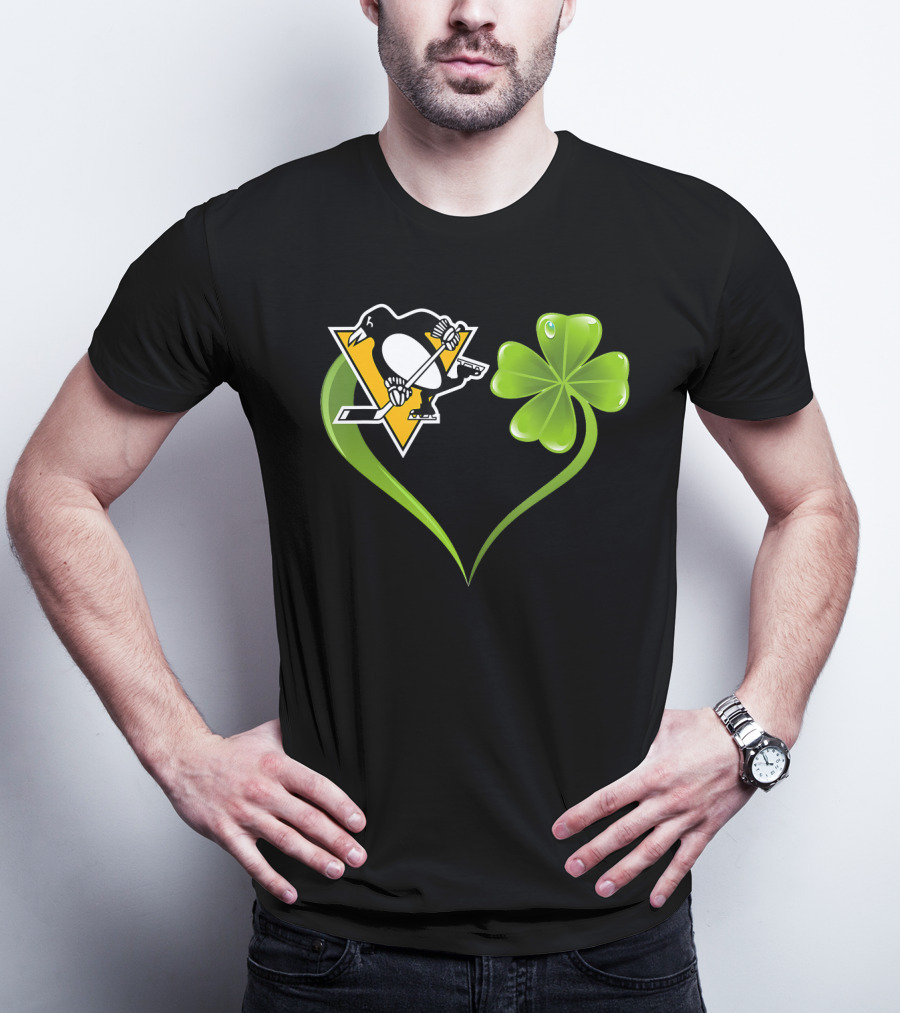 St Patrick Day Irish Shamrock Heart Love Pittsburgh Penguins T-Shirt