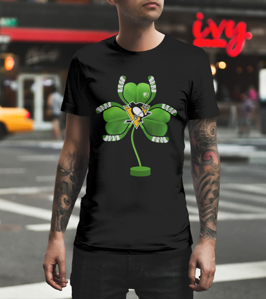 St Patrick Day Irish Shamrock Pittsburgh Penguin Hockey Tree T-Shirt