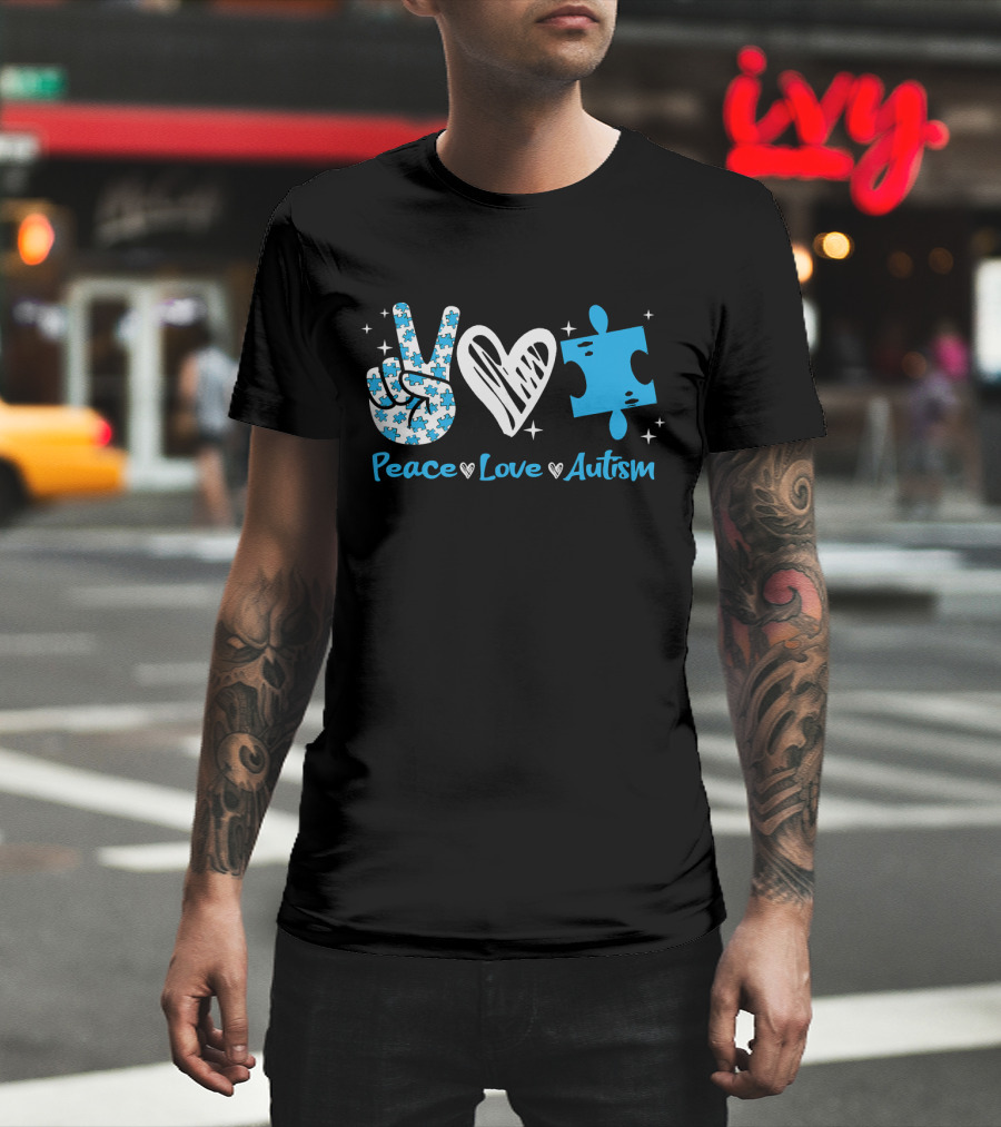 Peace Love Autism Awareness Blue Puzzle Piece T-Shirt