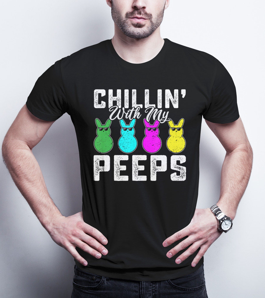 Chillin' With My Peeps Green Blue Pink Yellow Bunnies Wearing Sunglasses T-Shirt