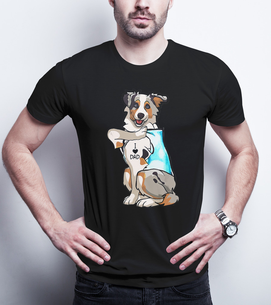 Australian Shepherd Dog I Love Dad Tattoo Paws Up T-Shirt