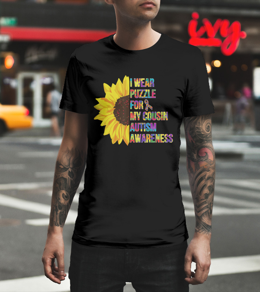 I Wear Puzzle For My Cousin Autism Awareness Sunflower T-Shirt