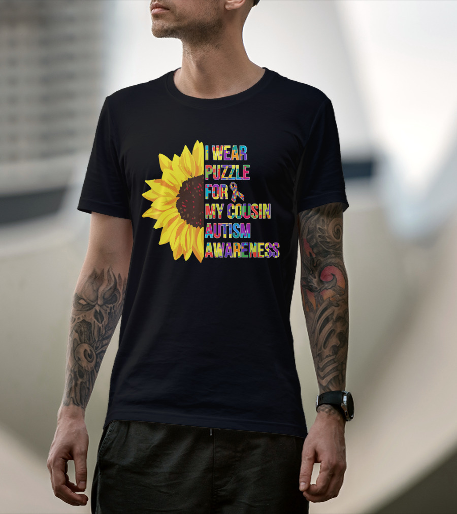 I Wear Puzzle For My Cousin Autism Awareness Sunflower T-Shirt