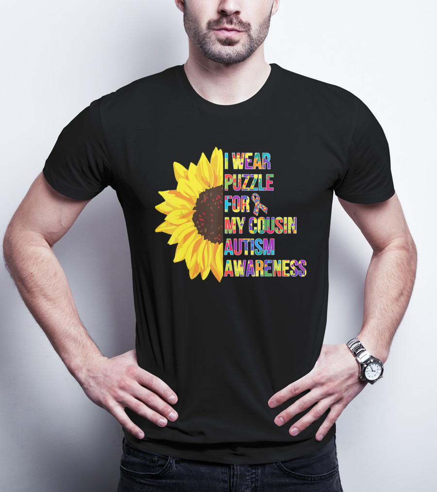 I Wear Puzzle For My Cousin Autism Awareness Sunflower T-Shirt