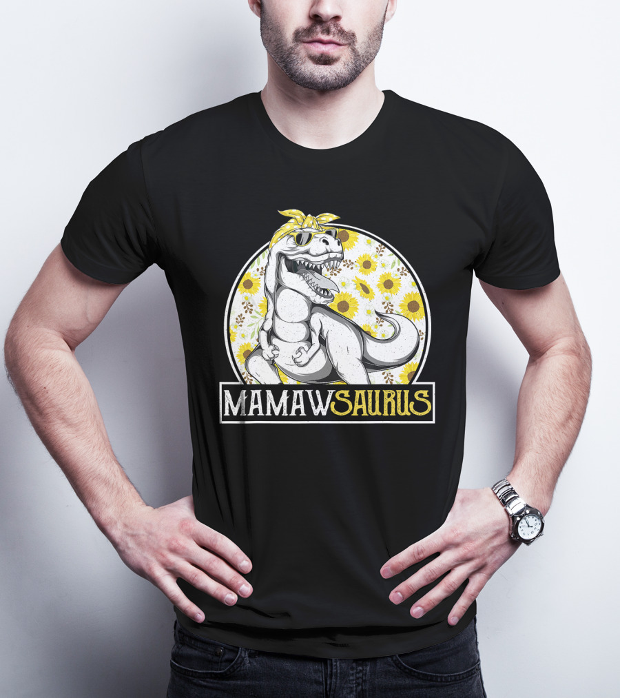 Mamaw Saurus Sunflower Dinosaur Grandma Fun Retro T-Rex T-Shirt