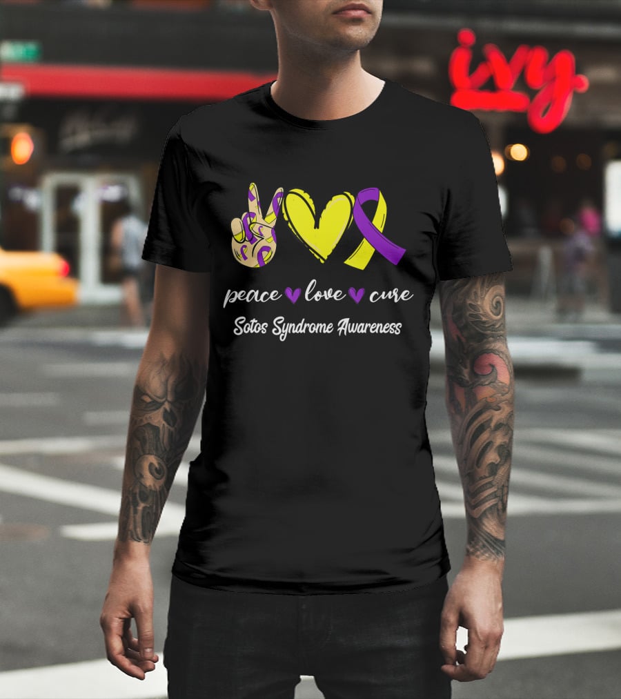Peace Love Cure Yellow Heart Purple Ribbon Sotos Syndrome Awareness T-Shirt