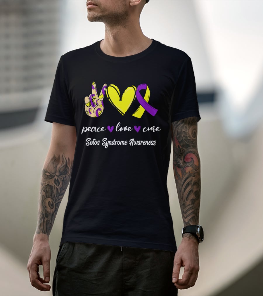 Peace Love Cure Yellow Heart Purple Ribbon Sotos Syndrome Awareness T-Shirt