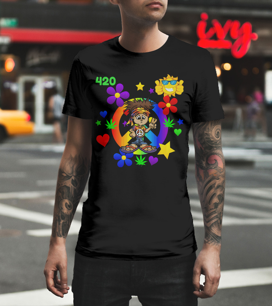 420 Peace Sign Hippie Cartoon With Sun And Colorful Flowers T-Shirt