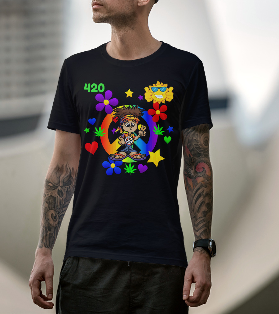 420 Peace Sign Hippie Cartoon With Sun And Colorful Flowers T-Shirt