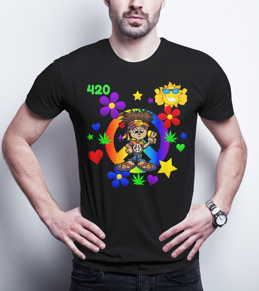420 Peace Sign Hippie Cartoon With Sun And Colorful Flowers T-Shirt