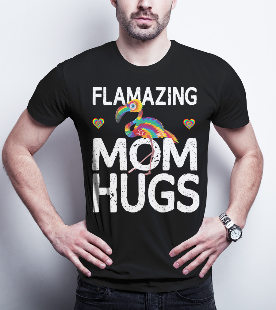FLAMAZING MOM HUGS Colorful Rainbow Flamingo Hearts T-Shirt