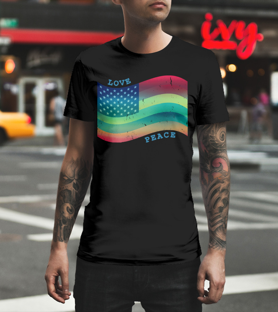 Love Peace Pride Rainbow American Flag T-Shirt