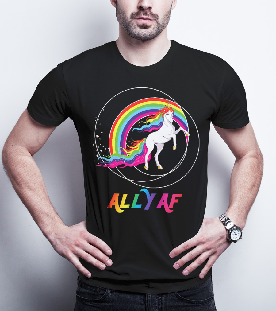 Rainbow Pride Ally AF Unicorn With Rainbow Pride Flag Colors T-Shirt