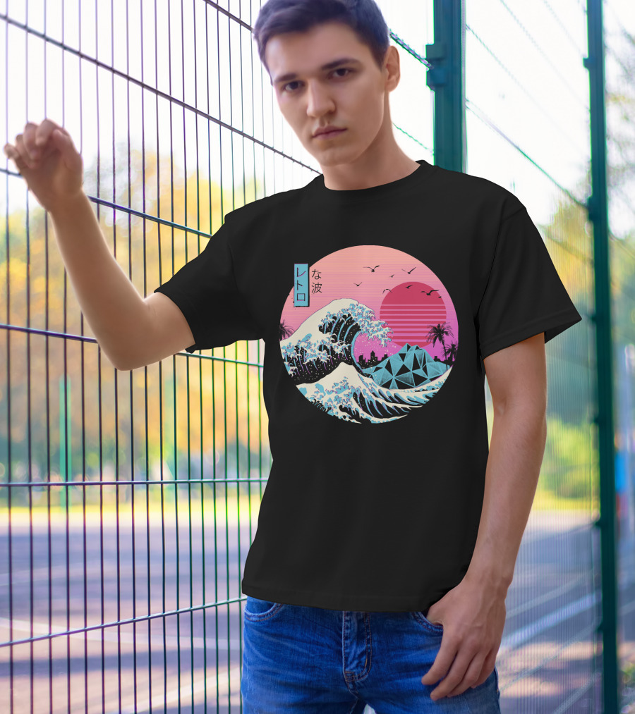 Retro Wave: The Great Sunset Surf With Palm Trees And Geometric Mountains T-Shirt