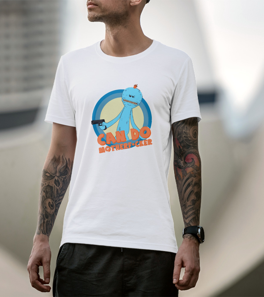 Can Do Motherfcker Gun-Wielding Blue Character With Orange Hair T-Shirt