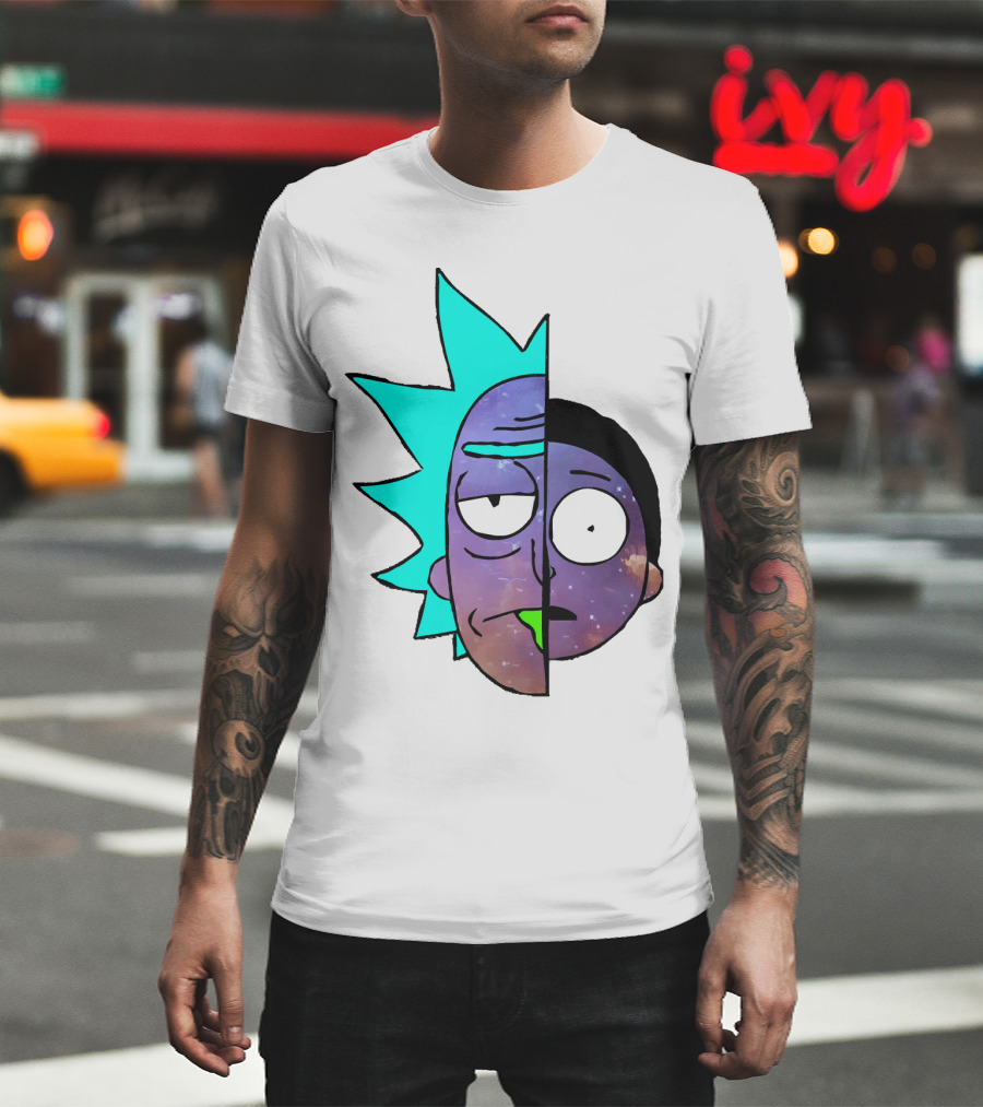 Galactic Rick And Morty Faces Cosmic Split Large T-Shirt