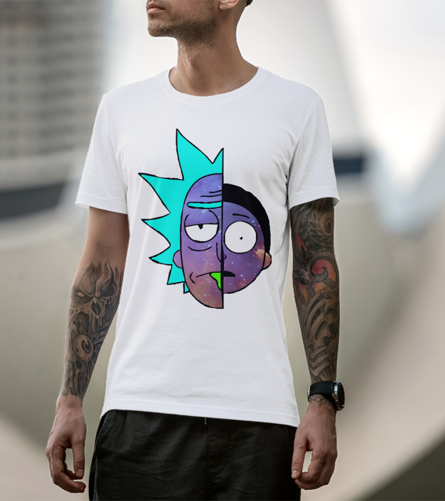 Galactic Rick And Morty Faces Cosmic Split Large T-Shirt