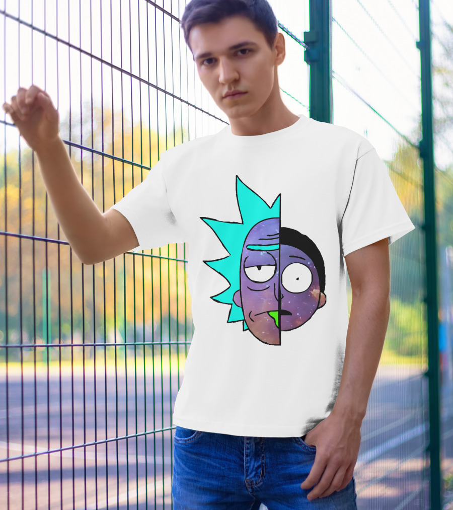 Galactic Rick And Morty Faces Cosmic Split Large T-Shirt