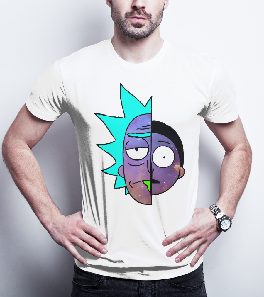 Galactic Rick And Morty Faces Cosmic Split Large T-Shirt