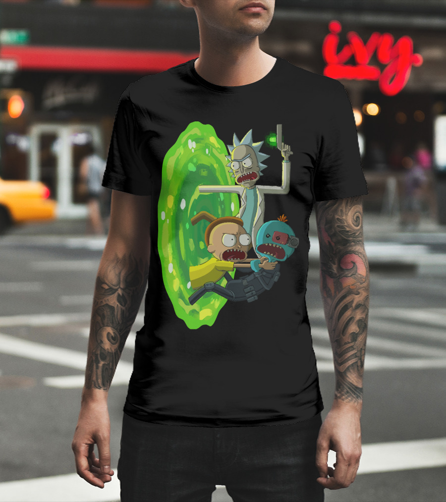 Rick And Morty Portal Escape With Meeseeks Cyborg Adventure T-Shirt