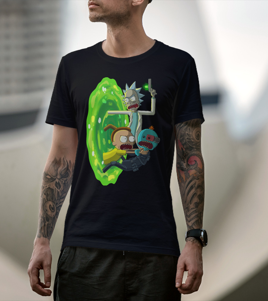 Rick And Morty Portal Escape With Meeseeks Cyborg Adventure T-Shirt