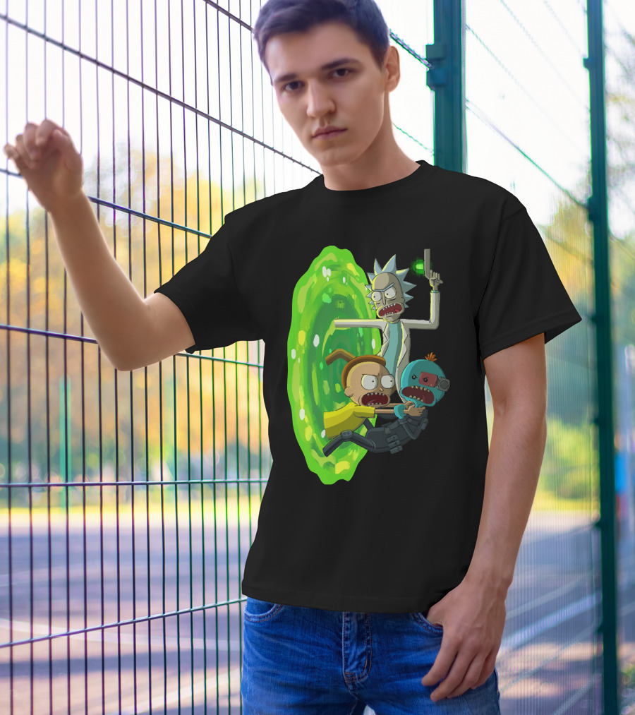 Rick And Morty Portal Escape With Meeseeks Cyborg Adventure T-Shirt