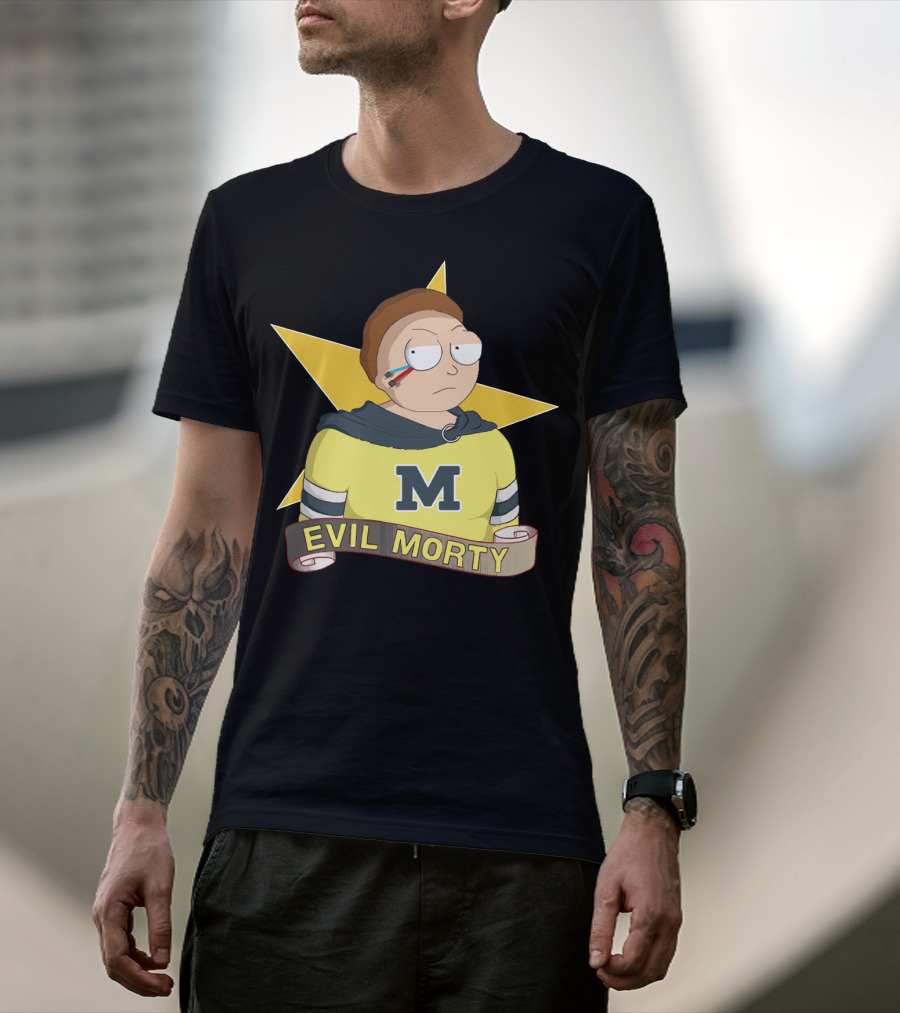 Evil Morty M Star Patch And Scroll Banner T-Shirt