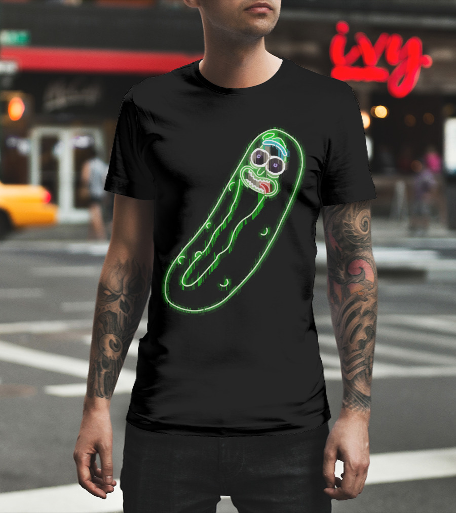 Neon Pickle Rick Left Pocket Glowing Expression T-Shirt