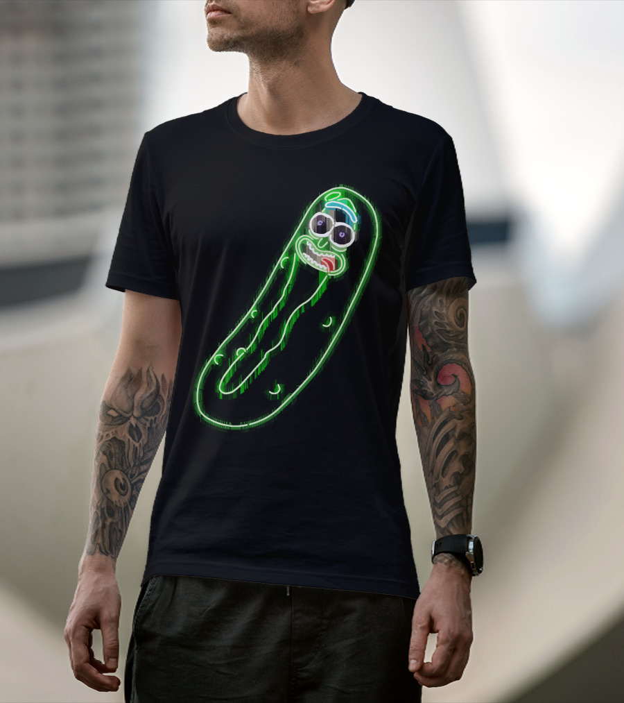 Neon Pickle Rick Left Pocket Glowing Expression T-Shirt
