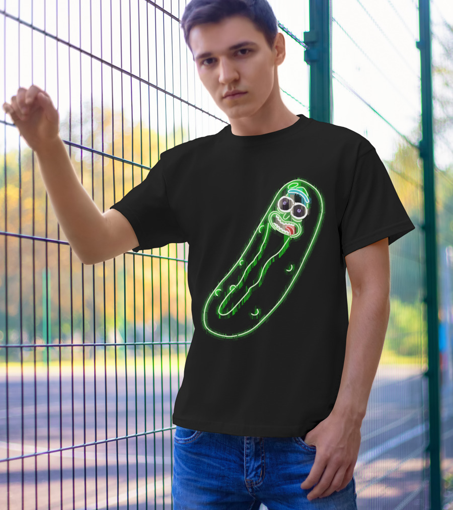 Neon Pickle Rick Left Pocket Glowing Expression T-Shirt