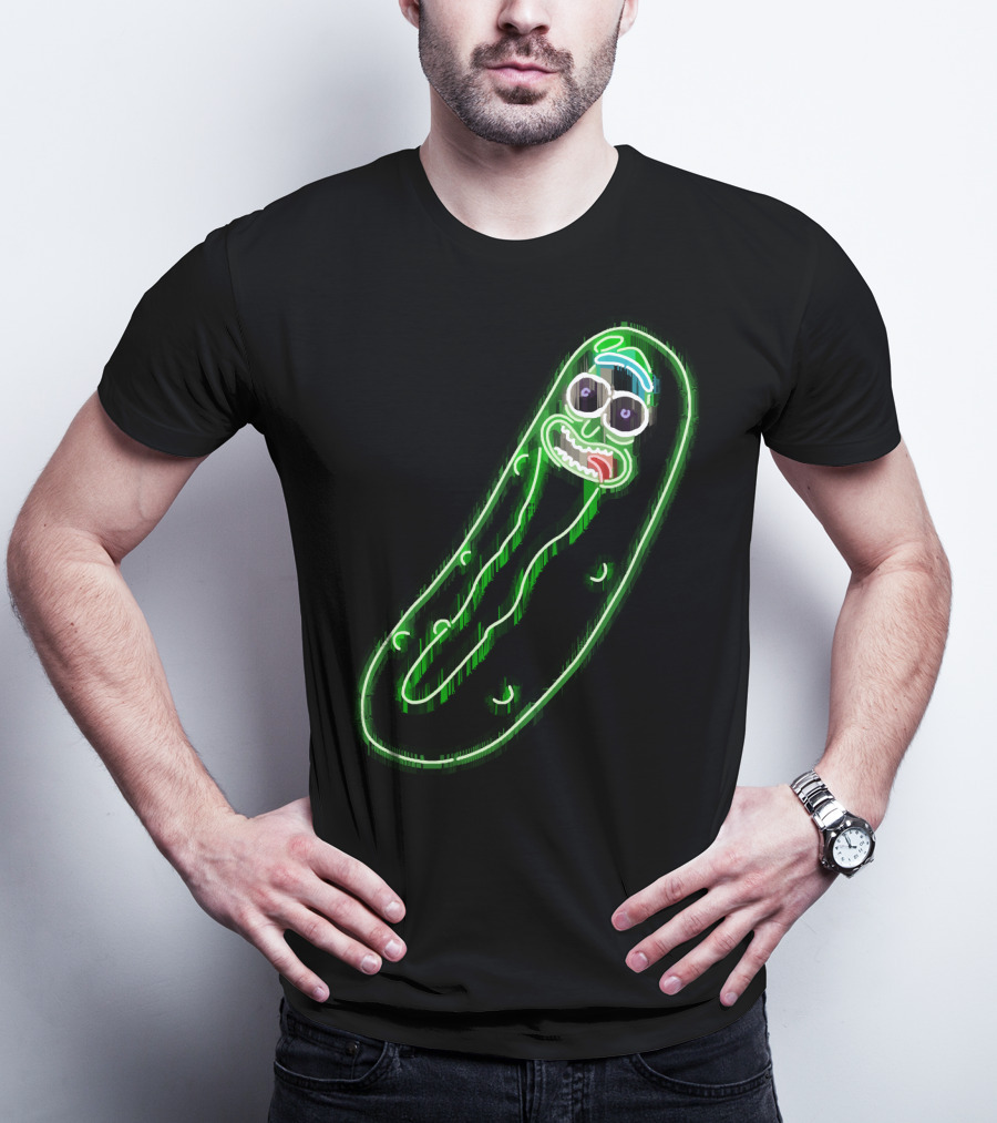 Neon Pickle Rick Left Pocket Glowing Expression T-Shirt