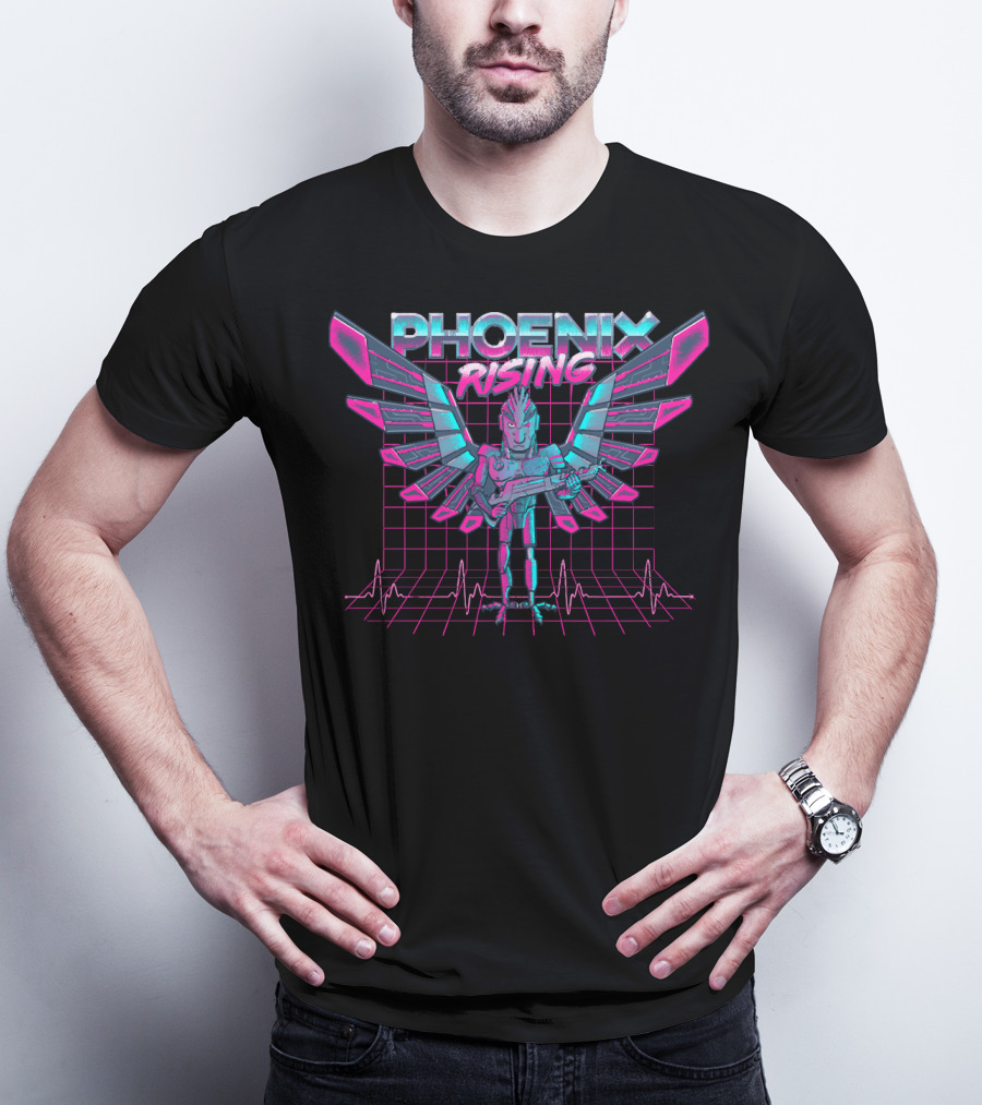 Phoenix Rising Rick And Morty Birdperson Retro Neon Grid Wings T-Shirt