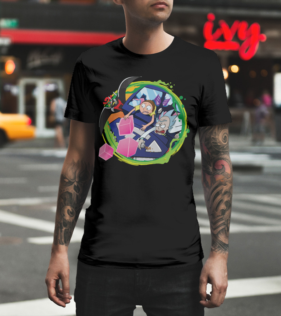 Rick And Morty In Cyber Portal Adventure With Pink Cubes And Alien Figures T-Shirt