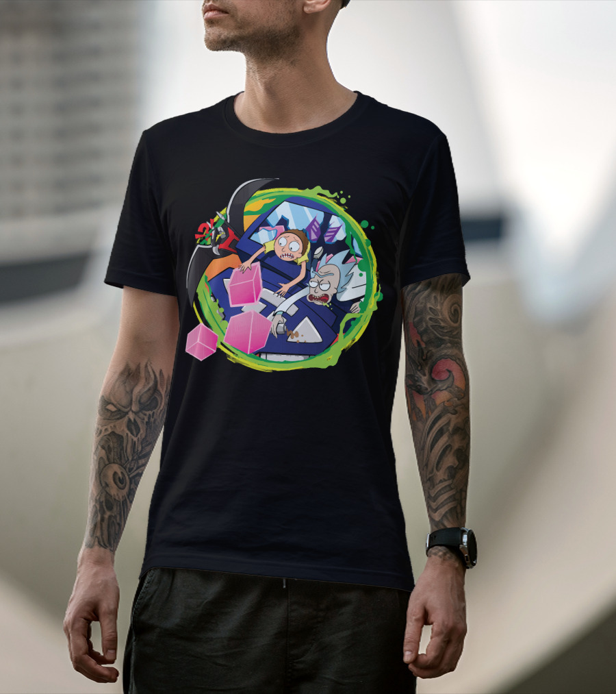 Rick And Morty In Cyber Portal Adventure With Pink Cubes And Alien Figures T-Shirt
