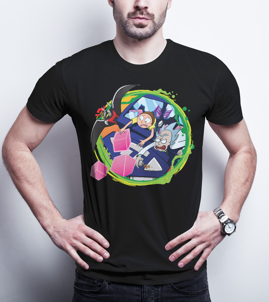 Rick And Morty In Cyber Portal Adventure With Pink Cubes And Alien Figures T-Shirt