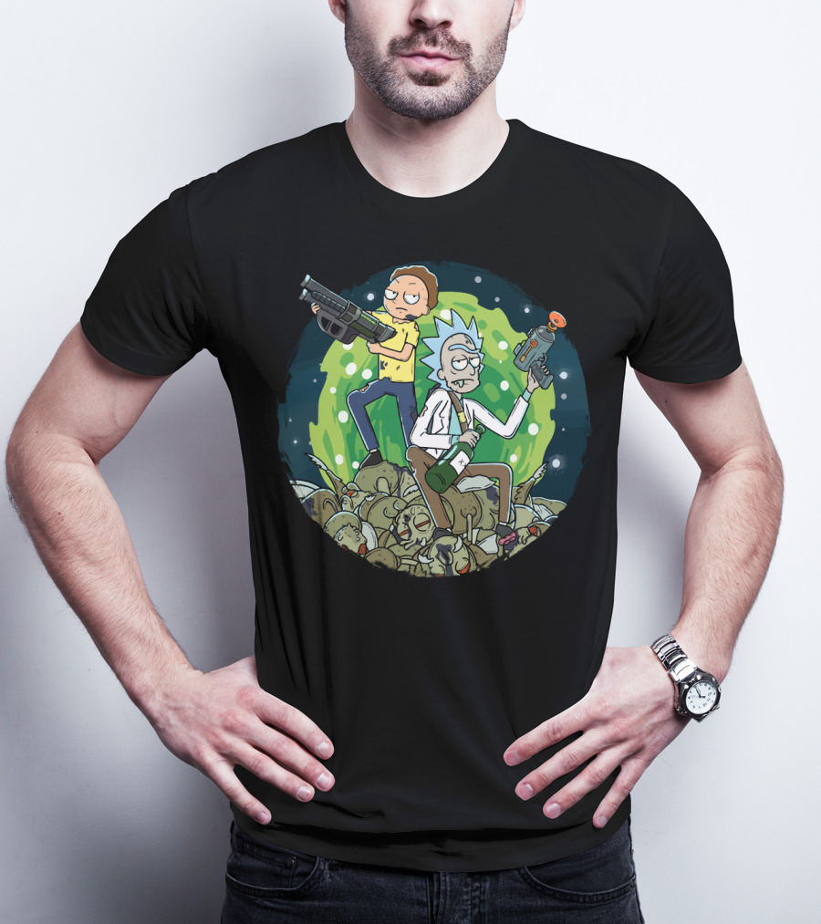 Rick And Morty Battle Against The Gromflomites In Outer Space Adventure Background T-Shirt