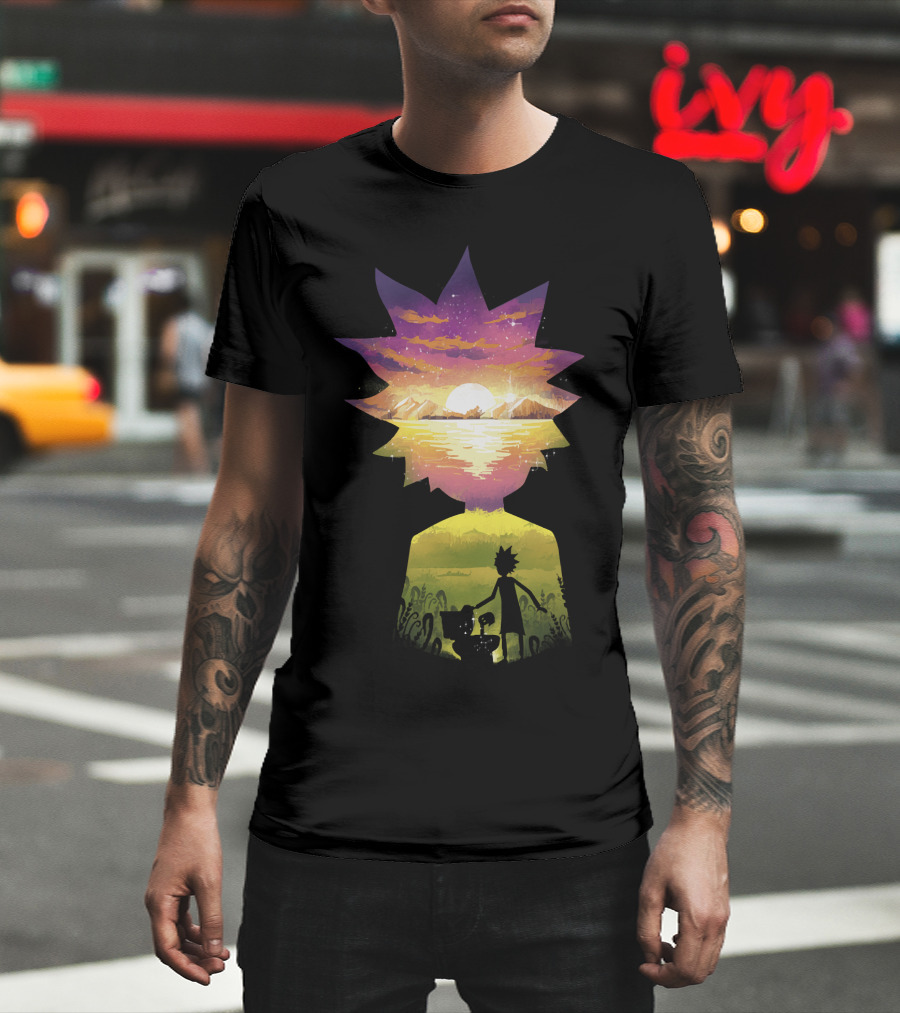 Rick And Morty Cosmic Sunset Adventure Scene T-Shirt