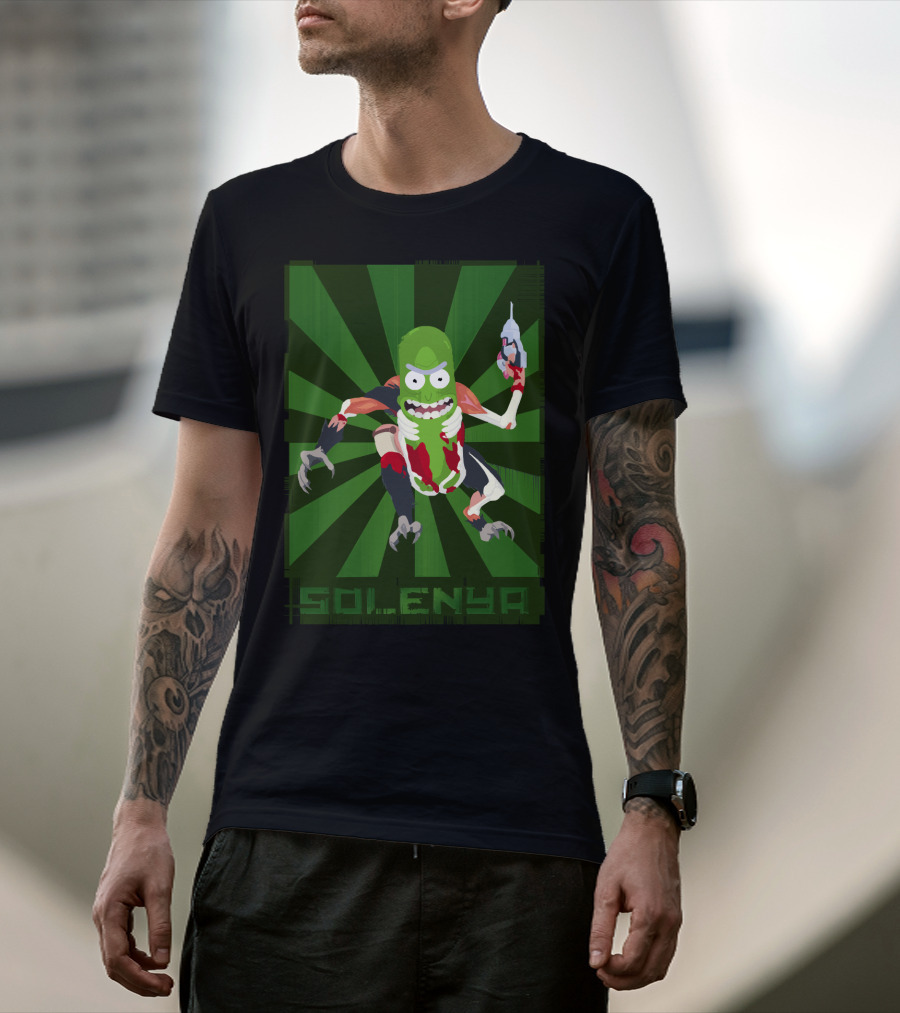 SOLENYA Mutant Pickle Character With Tools And Green Background T-Shirt