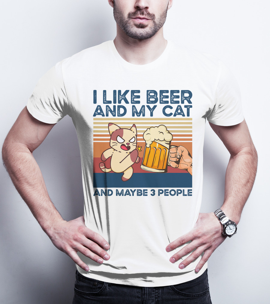 I Like Beer And My Cat And Maybe 3 People Vintage Style Retro Cat Lover T-Shirt
