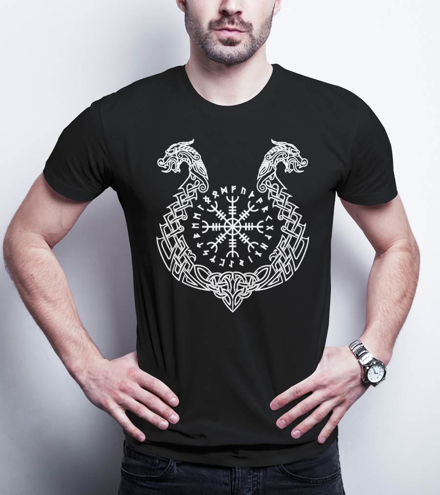 Viking Helm Of Awe Rune Knotwork Dragons Nordic T-Shirt