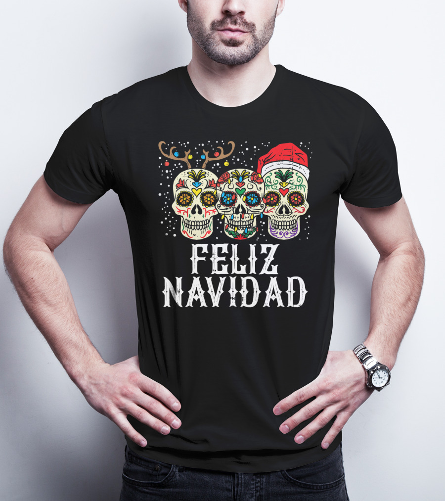 Feliz Navidad Sugar Skulls Reindeer Santa Fun Christmas Holiday Cheer T-Shirt