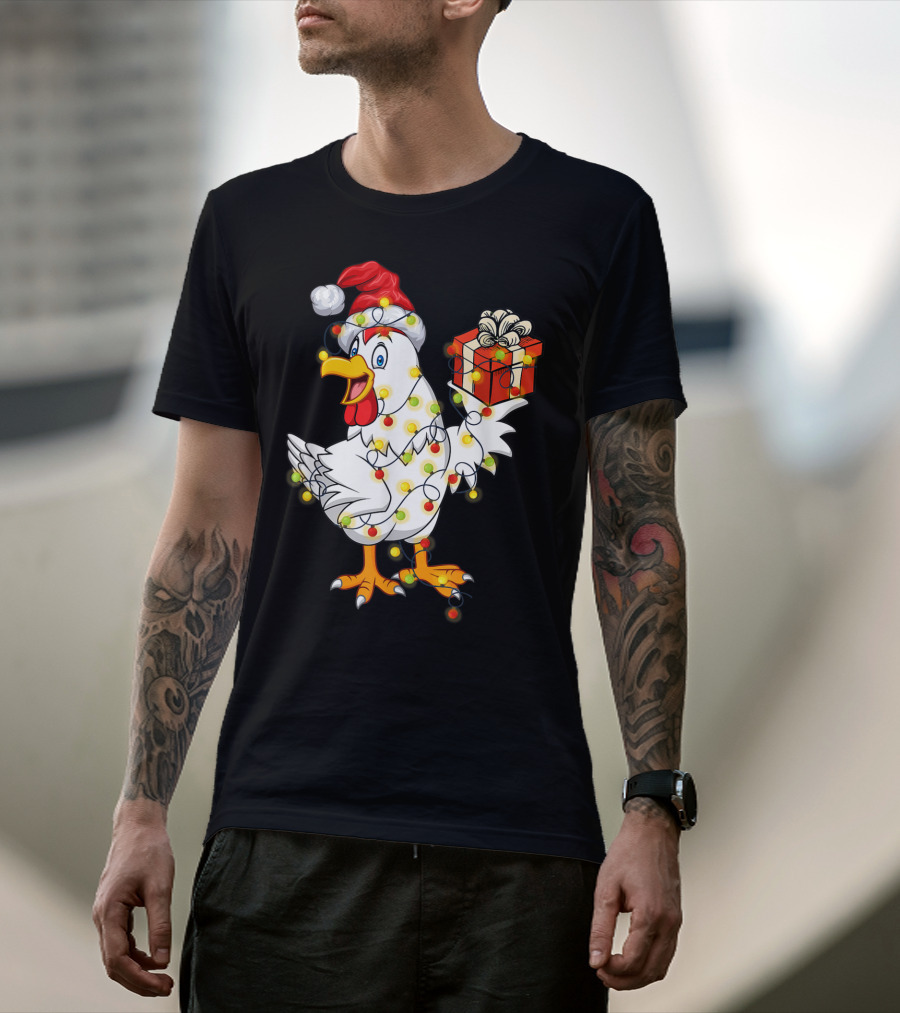 Funny Chicken Wrapped In Christmas Lights With Santa Hat And Gift T-Shirt