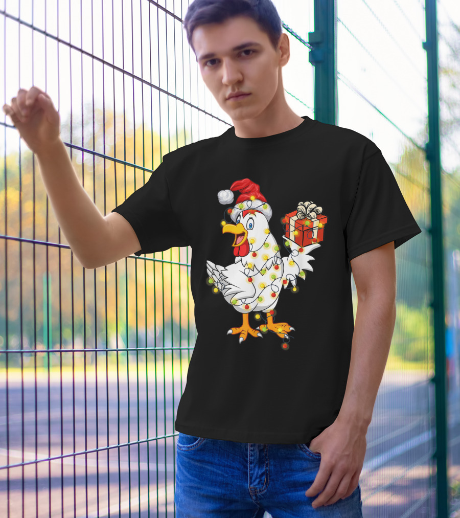 Funny Chicken Wrapped In Christmas Lights With Santa Hat And Gift T-Shirt
