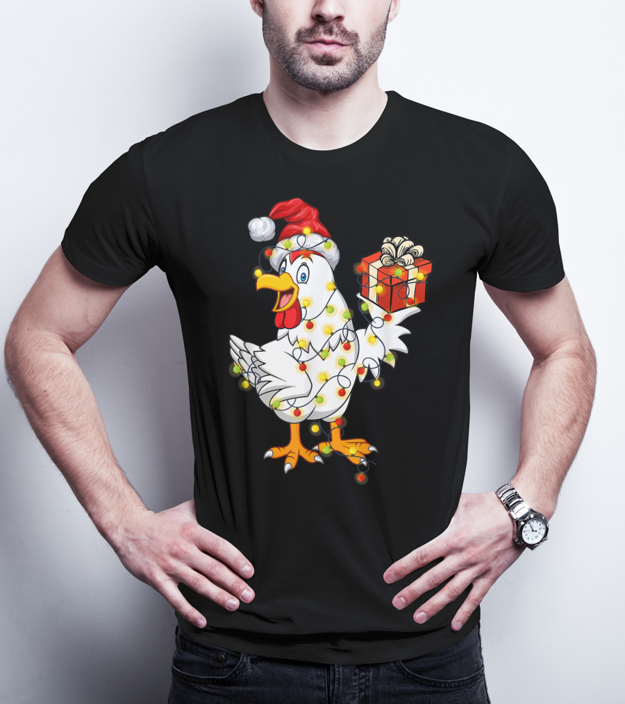 Funny Chicken Wrapped In Christmas Lights With Santa Hat And Gift T-Shirt
