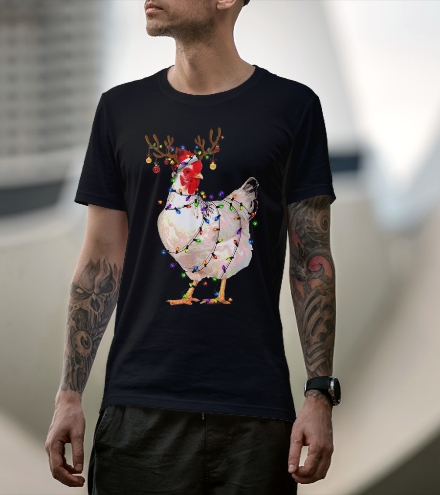 Funny Chicken Wearing Reindeer Antlers And Christmas Lights T-Shirt