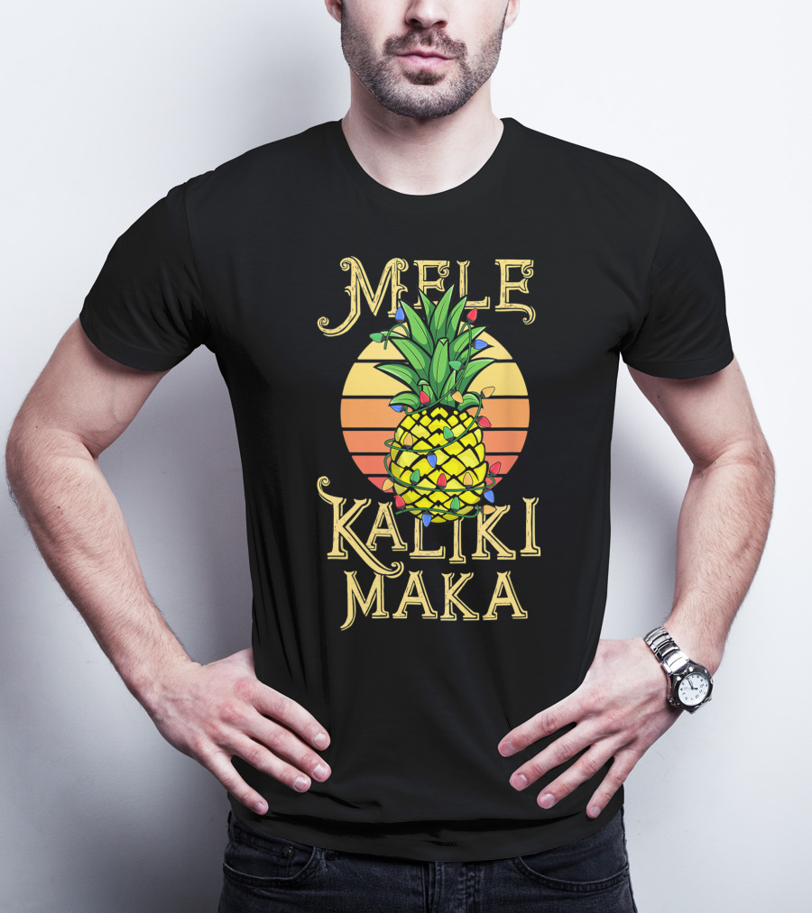 Mele Kalikimaka Hawaiian Christmas Pineapple Lights Vintage Sunset T-Shirt
