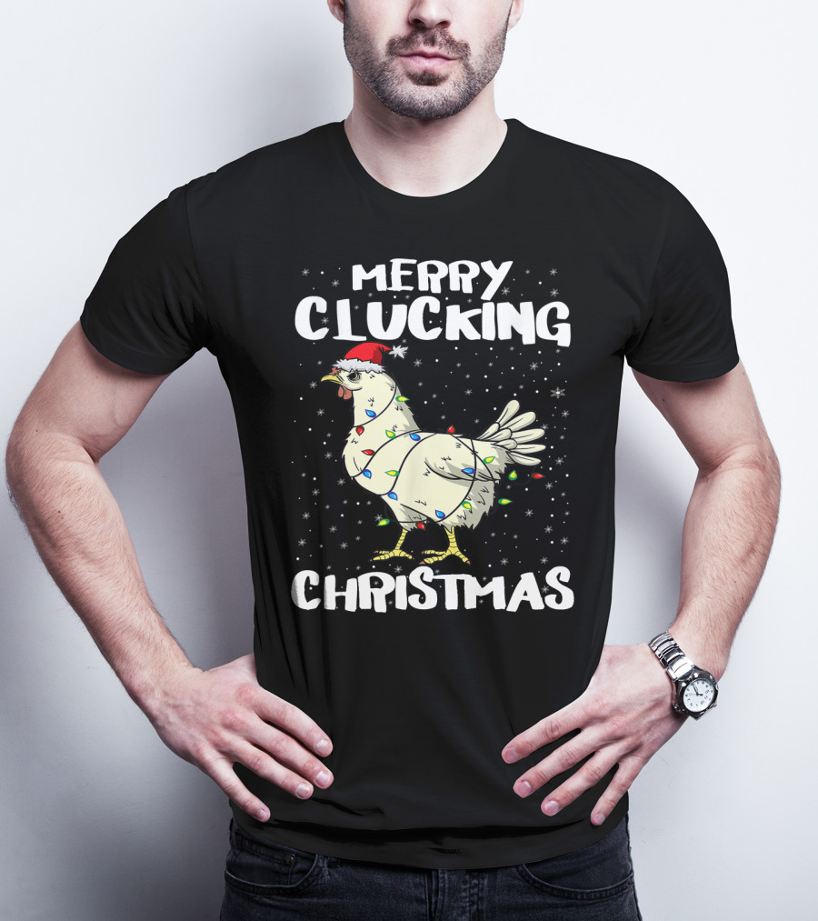 Merry Clucking Christmas Chicken Santa Hat Lights T-Shirt