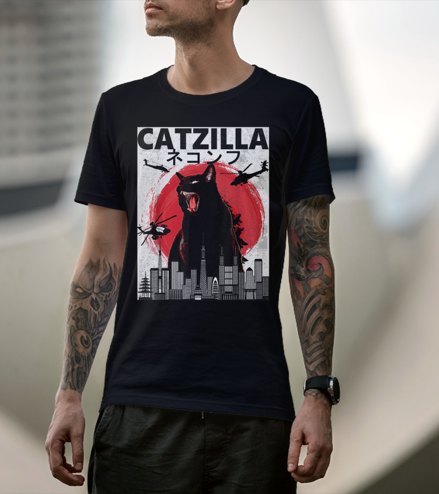 Catzilla Japanese Sunset Helicopters Cityscape Skyscraper Tower T-Shirt