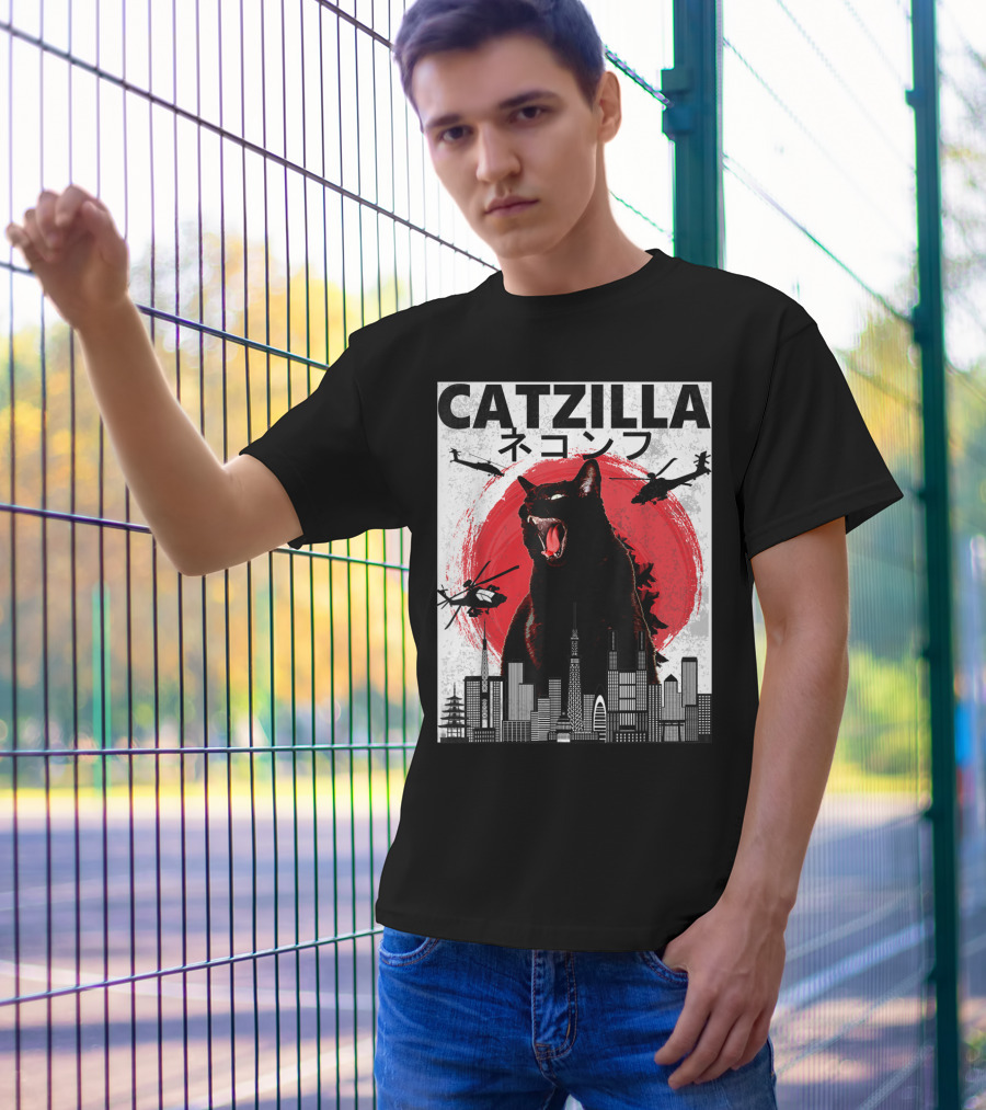 Catzilla Japanese Sunset Helicopters Cityscape Skyscraper Tower T-Shirt